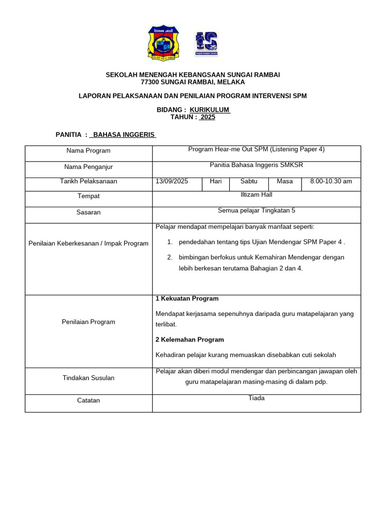 Laporan Program Intervensi SPM Panitia (Hear Me Out SPM) | PDF