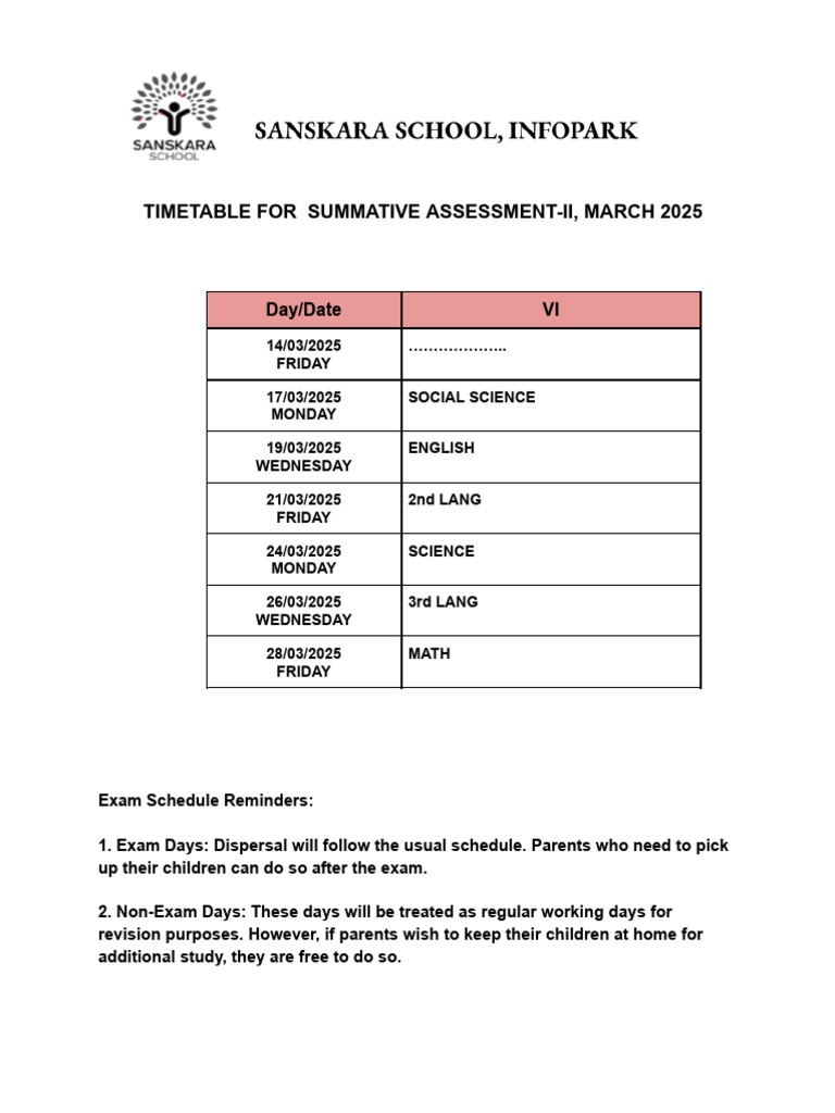 Timetable & Portions For SA II - Grade VI, MARCH 2025 | PDF ...