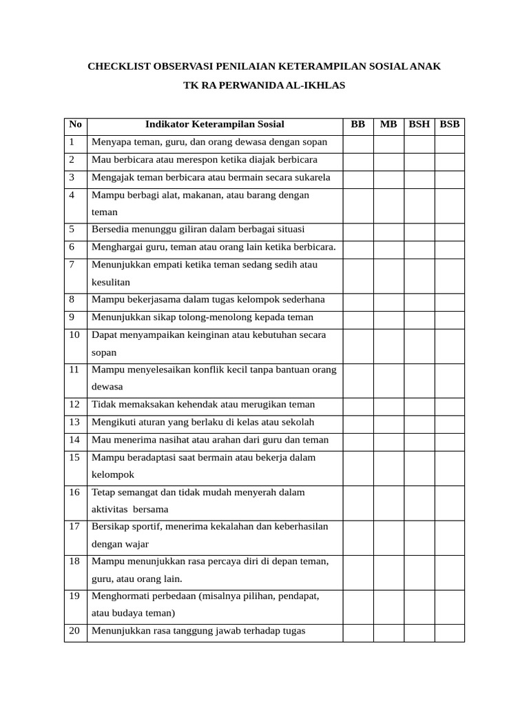Instrumen Checklist Observasi Anak TK | PDF