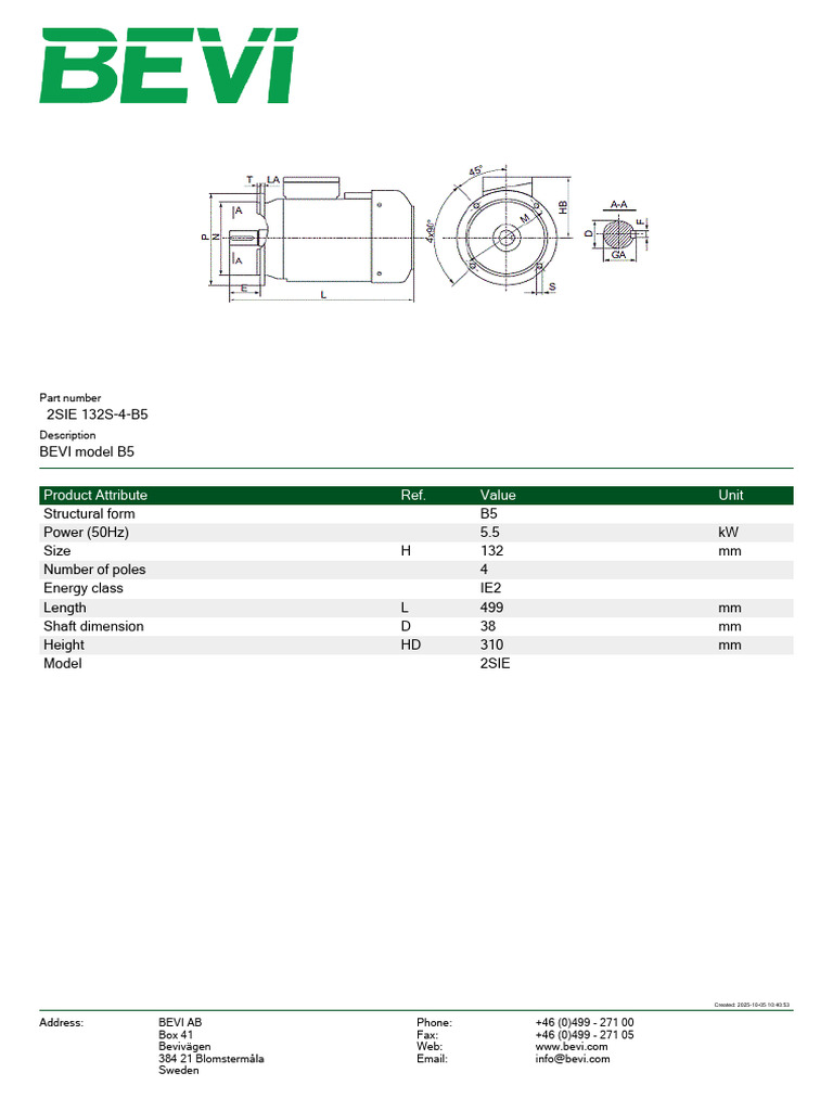 2SIE 132S-4-B5 BEVI Model B5: Product Attribute Ref. Value Unit | PDF