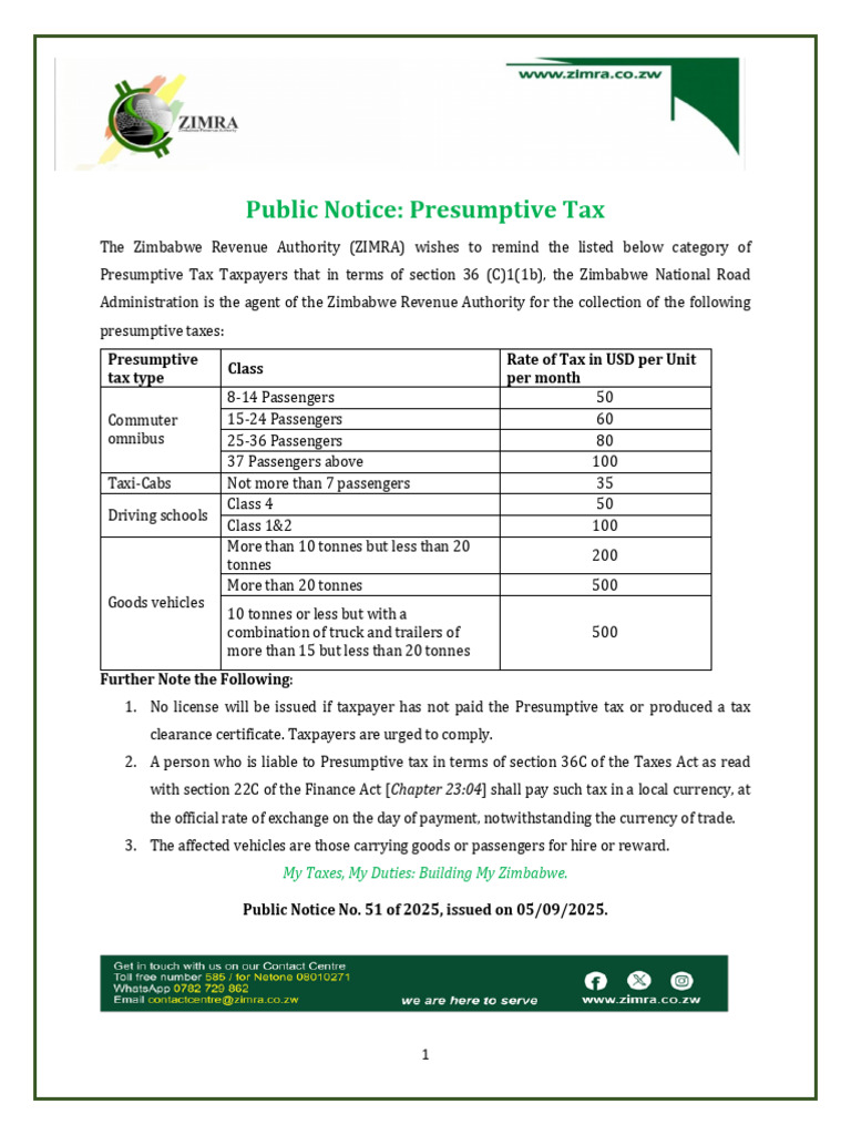 Public Notice 51 of 2025 - Presumptive Tax Collection by ZINARA | PDF