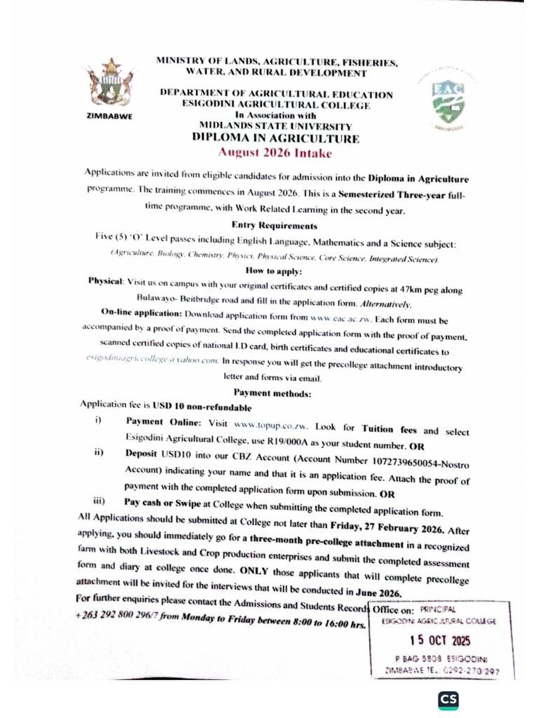 Esigodini Agrc College Aug 2026 Advert | PDF