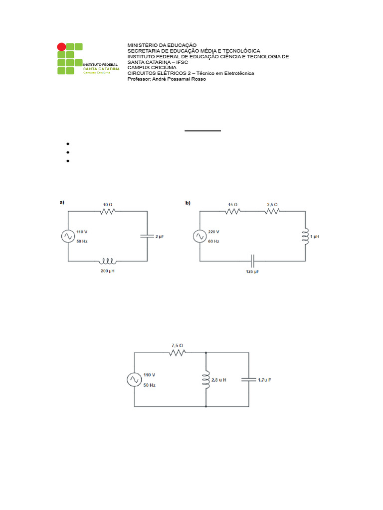 Lista de Exercícios - Circuitos Elétricos 2 - REC-1 | PDF