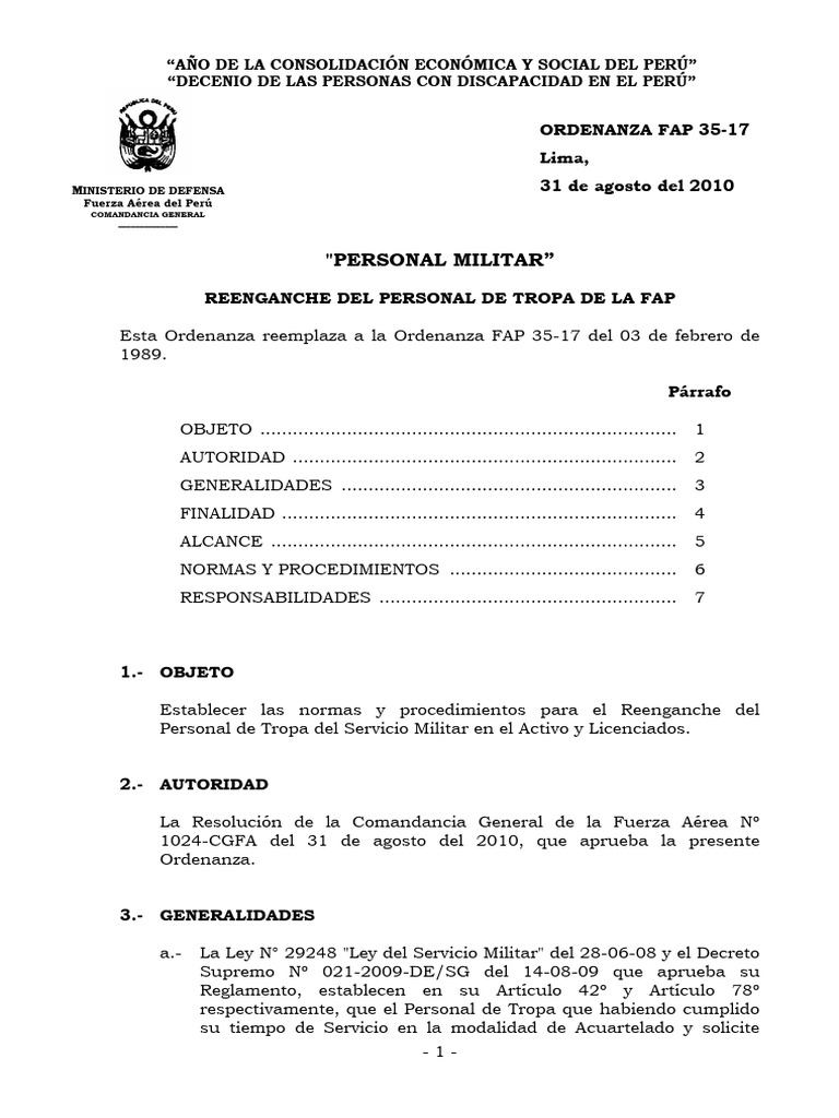 Reenganche del Personal de Tropa FAP | PDF | Servicio militar | Policía