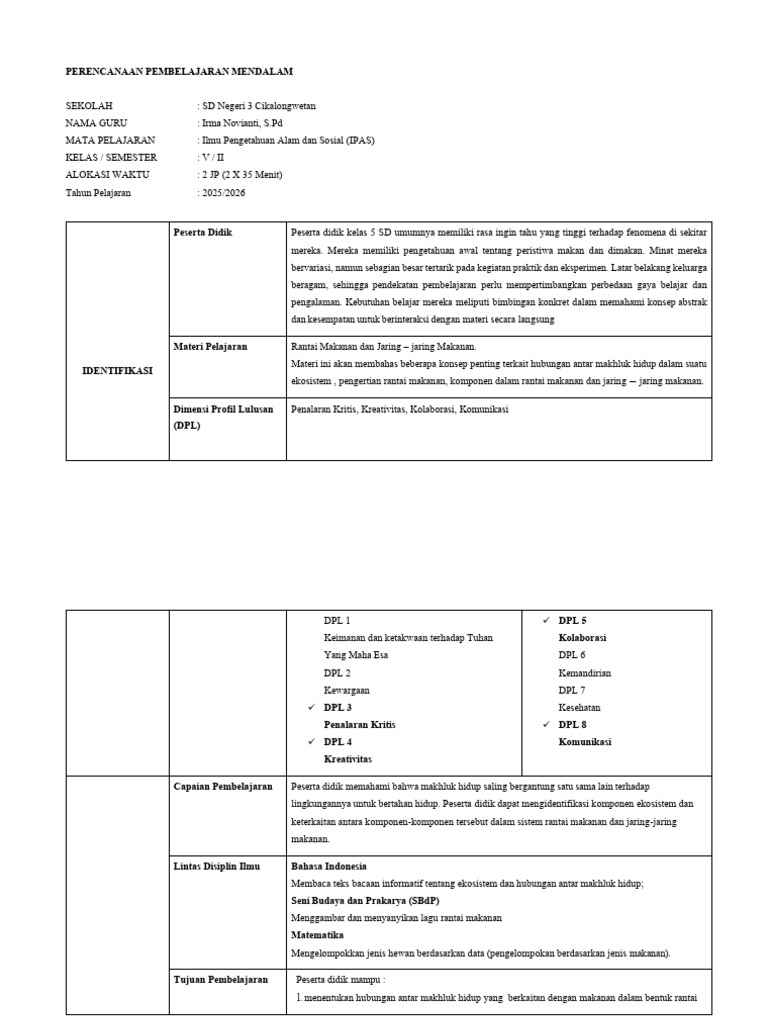 Rencana Pembelajaran Rantai Makanan SD | PDF