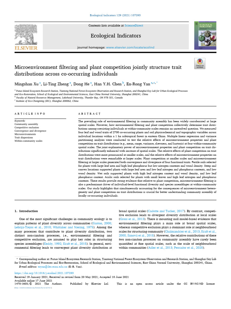 Microenvironment Filtering and Plant Competition Jointly STR 2021 ...
