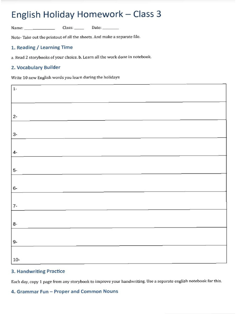Class 3 Summer Holiday Homework PDF | PDF