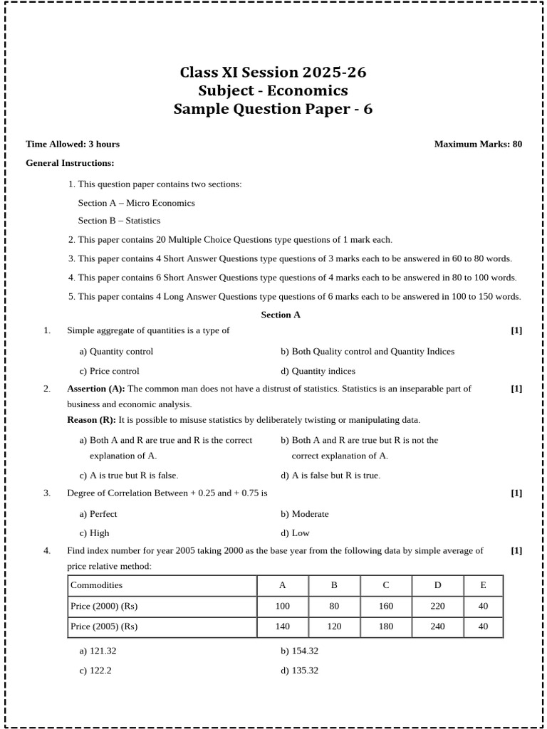 Class XI Economics & Statistics Exam Paper | PDF | Economic Equilibrium ...