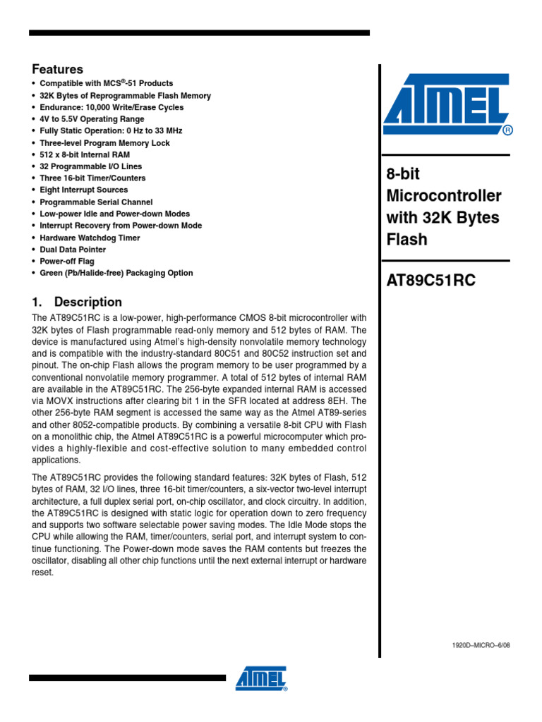 AT89C51RC 8bit Microcontroller | PDF | Flash Memory | Computer Science