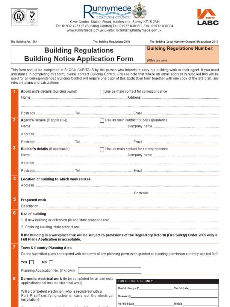 Building Notice Application Form for Runnymede Borough Council | PDF ...