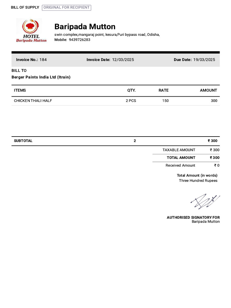 Baripada Mutton: Invoice No.: 184 Invoice Date: 12/03/2025 Due Date: 19 ...