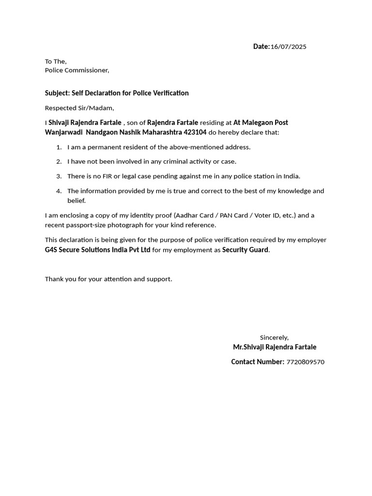 Police Verification Self Declaration | PDF