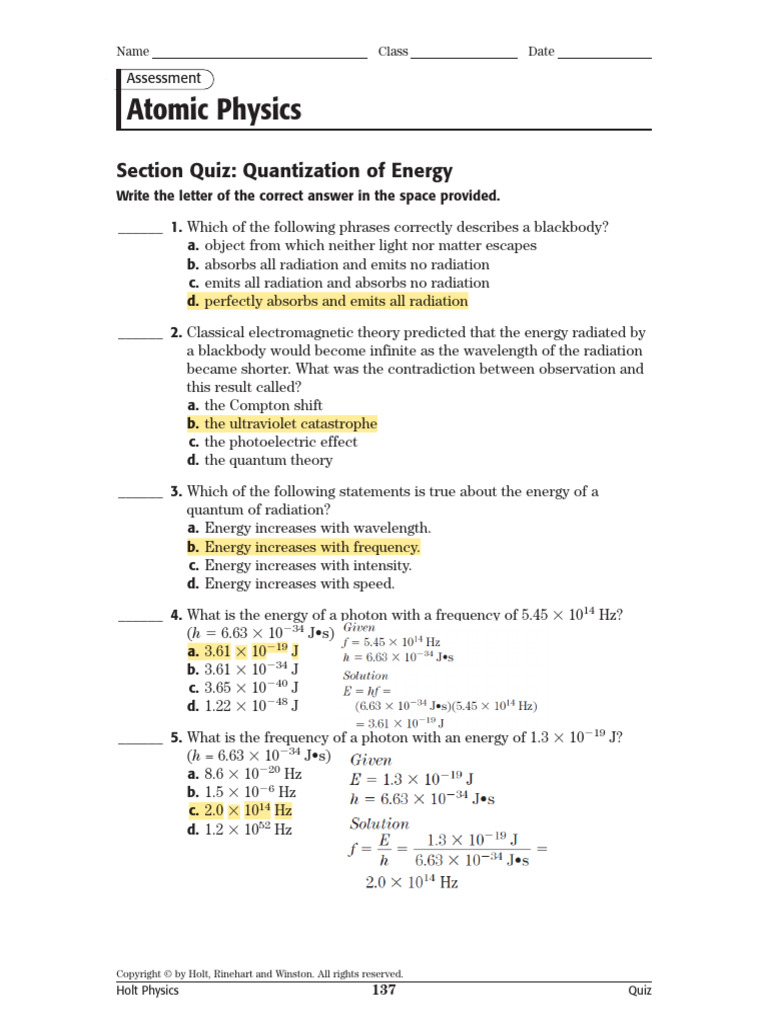 Quiz on Energy Quantization and Atomic Models | PDF | Electron ...