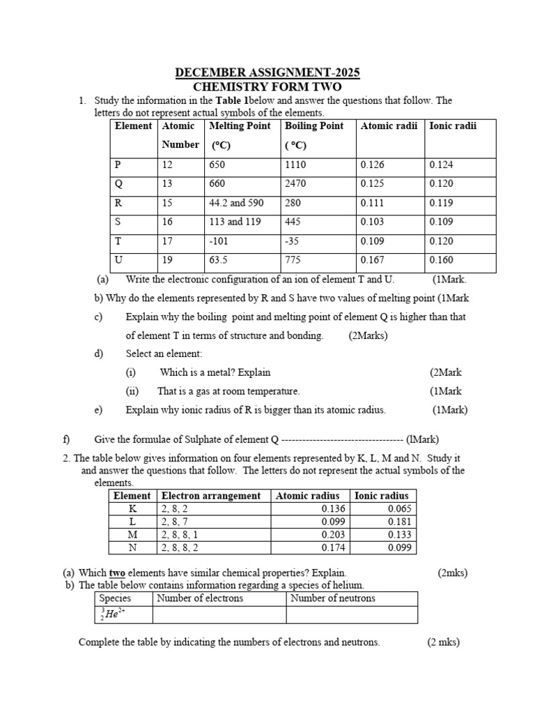 Form 2 Chem December Holiday Assignment | PDF | Chemical Elements ...