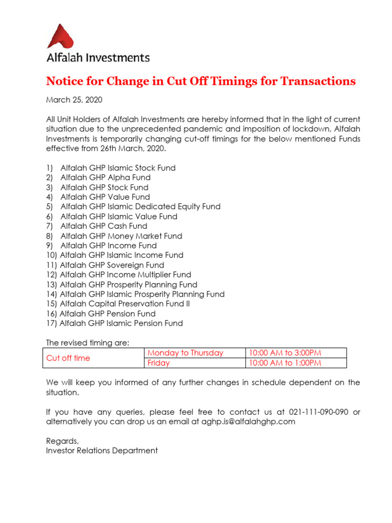 Change in Alfalah Fund Cut-Off Times | PDF