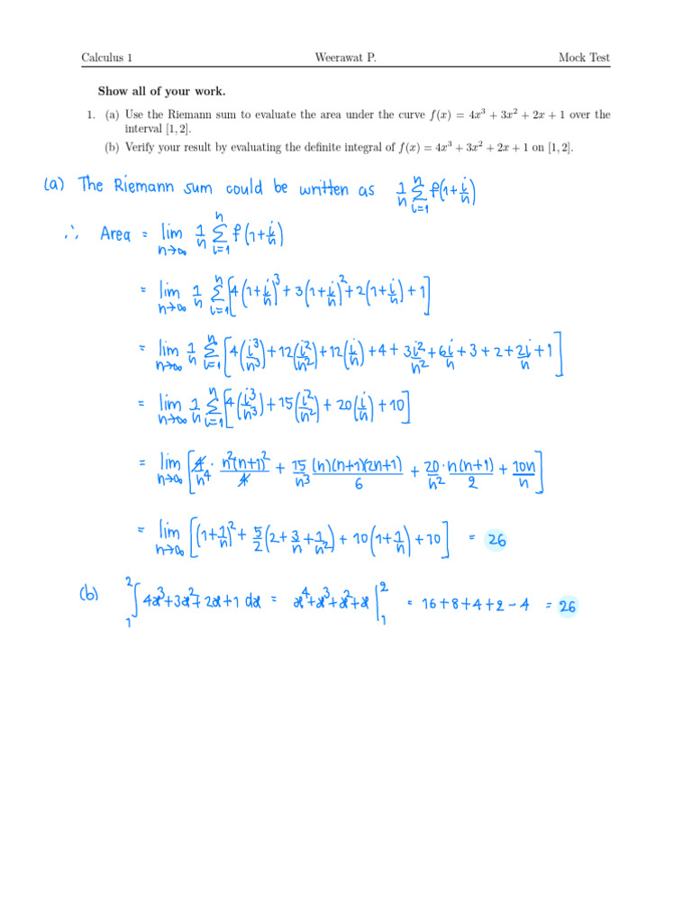Calculus 1 Mock Test Solutions | PDF | Integral | Mathematical Concepts