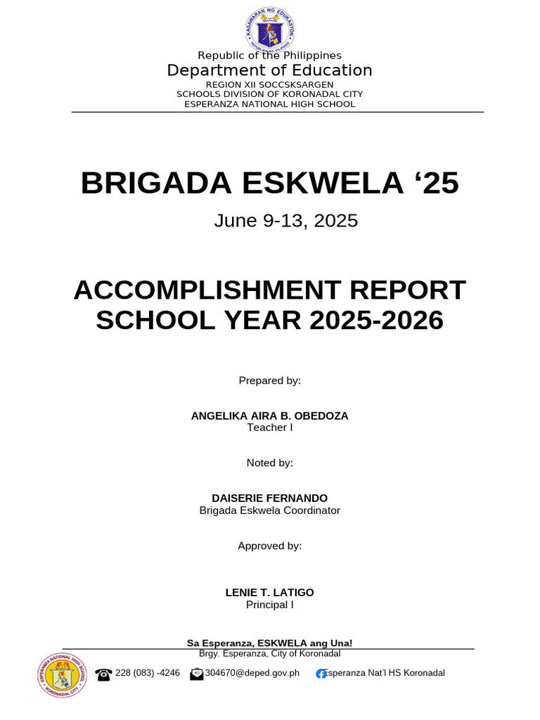 BRIGADA ESKWELA-Accomplishment Report-2024-2025 | PDF | Learning