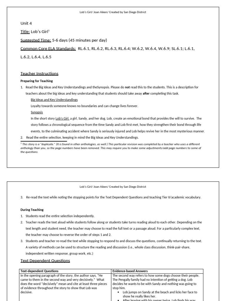 Lob's Girl. Lesson - Story | PDF