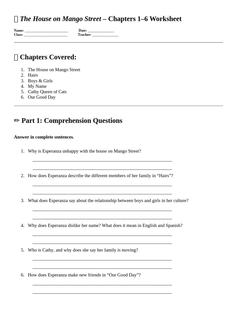 House on Mango Street Chapters 1-6 Worksheet | PDF