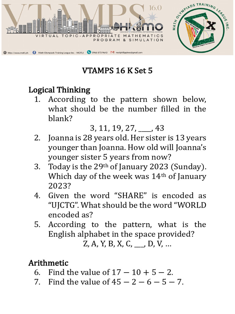 VTAMPS 16 K Set 5 (With Solutions) | PDF | Numbers | Mathematics