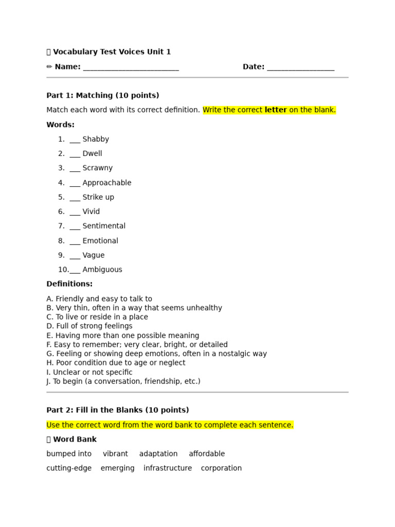 Vocabulary Test: Unit 1 Practice | PDF | Cognition | Cognitive Science