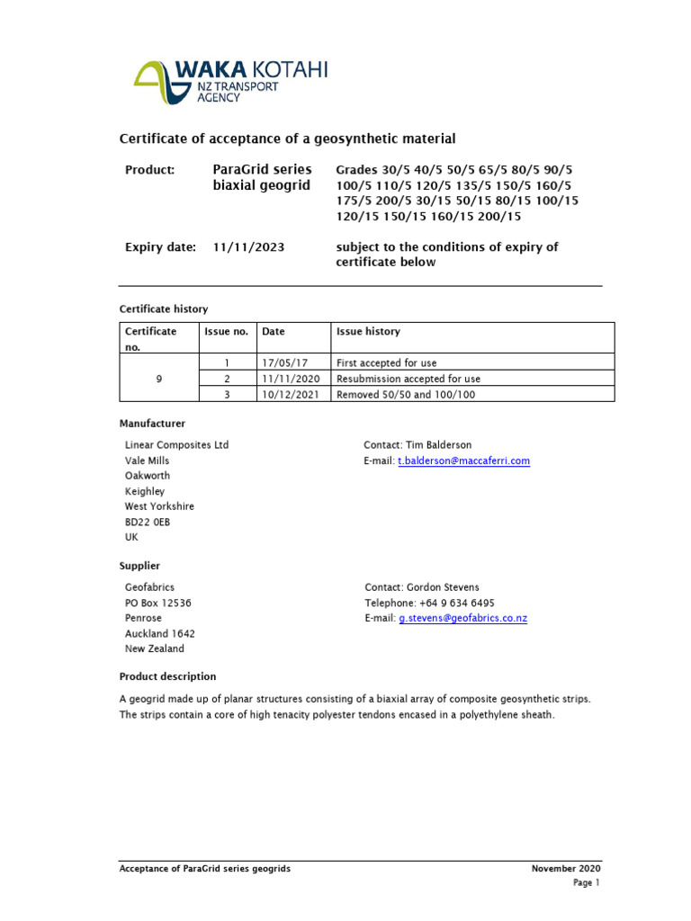 Geosynthetics Certificate 09 Paragrid November 2020 | PDF | Engineering ...