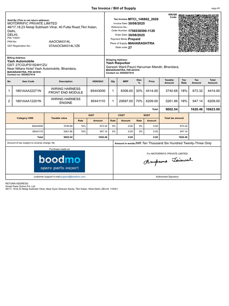 Tax Invoice for Wiring Harness Purchase | PDF | Invoice | Taxation