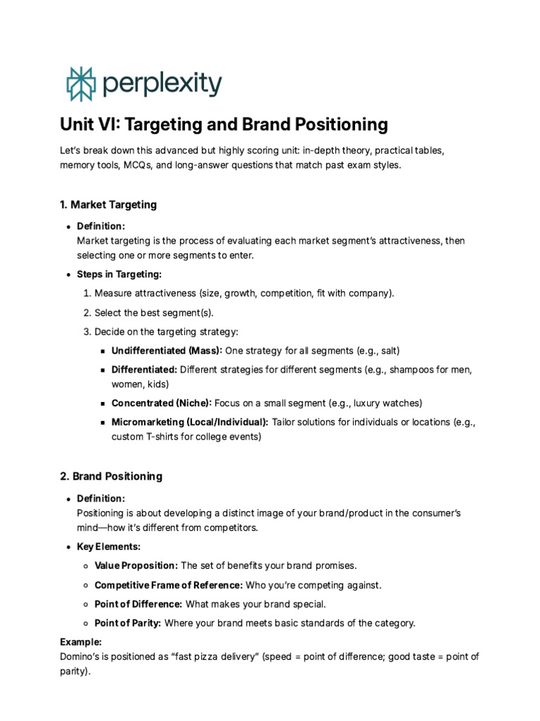 Unit VI - Targeting and Brand Positioning | PDF | Brand | Marketing