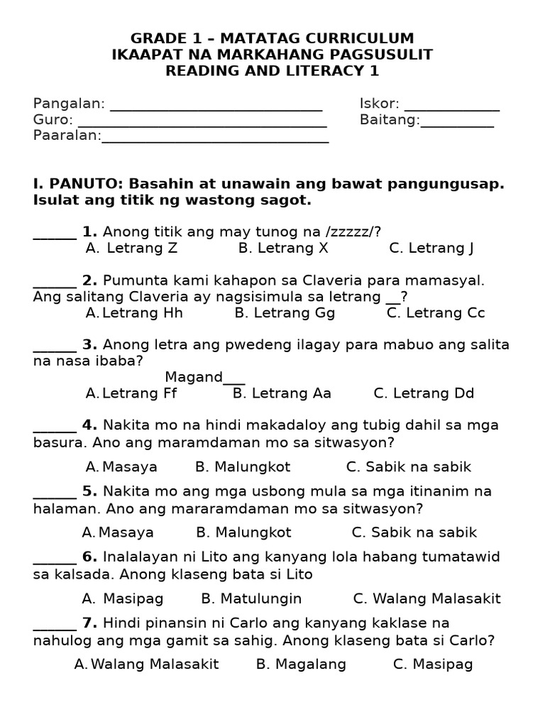 Q4 Reading and Literacy Exam | PDF