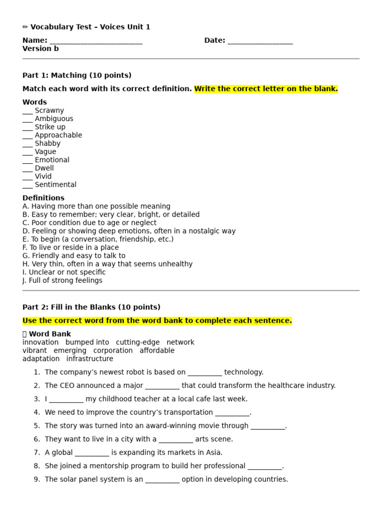 Vocabulary Test Voices Unit 1 Version 2 | PDF