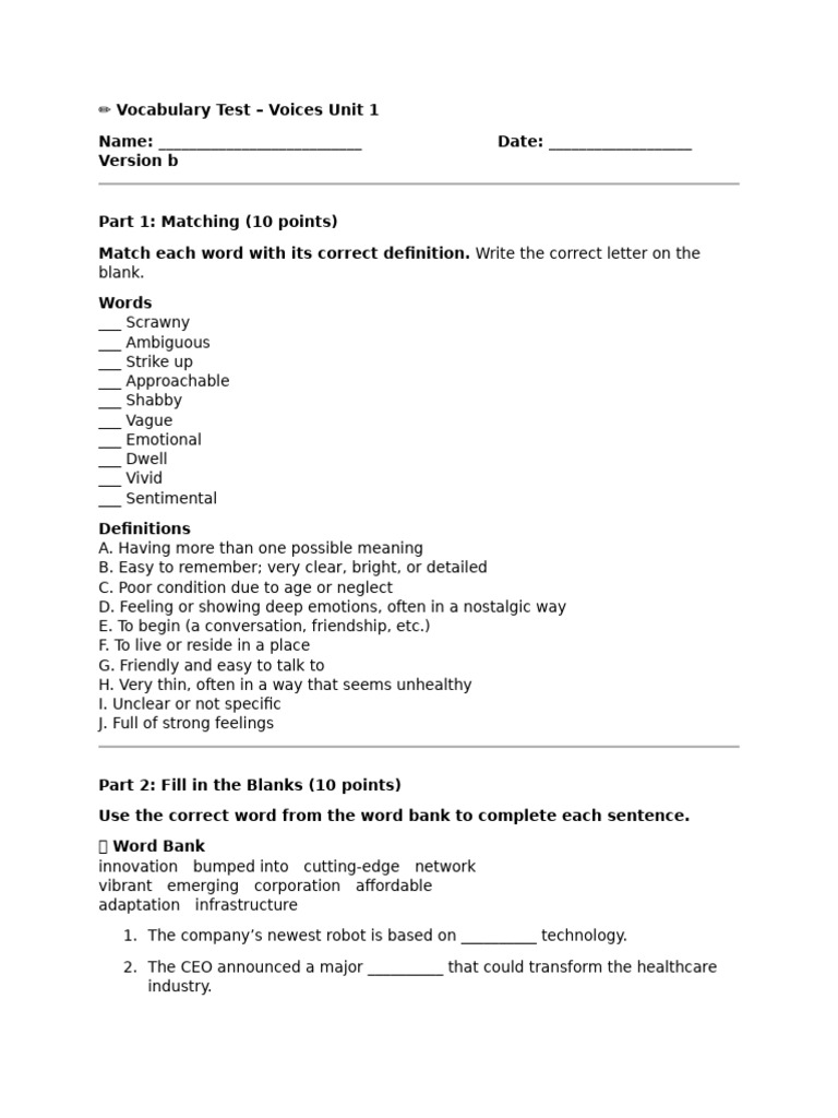 Vocabulary Test: Voices Unit 1 | PDF