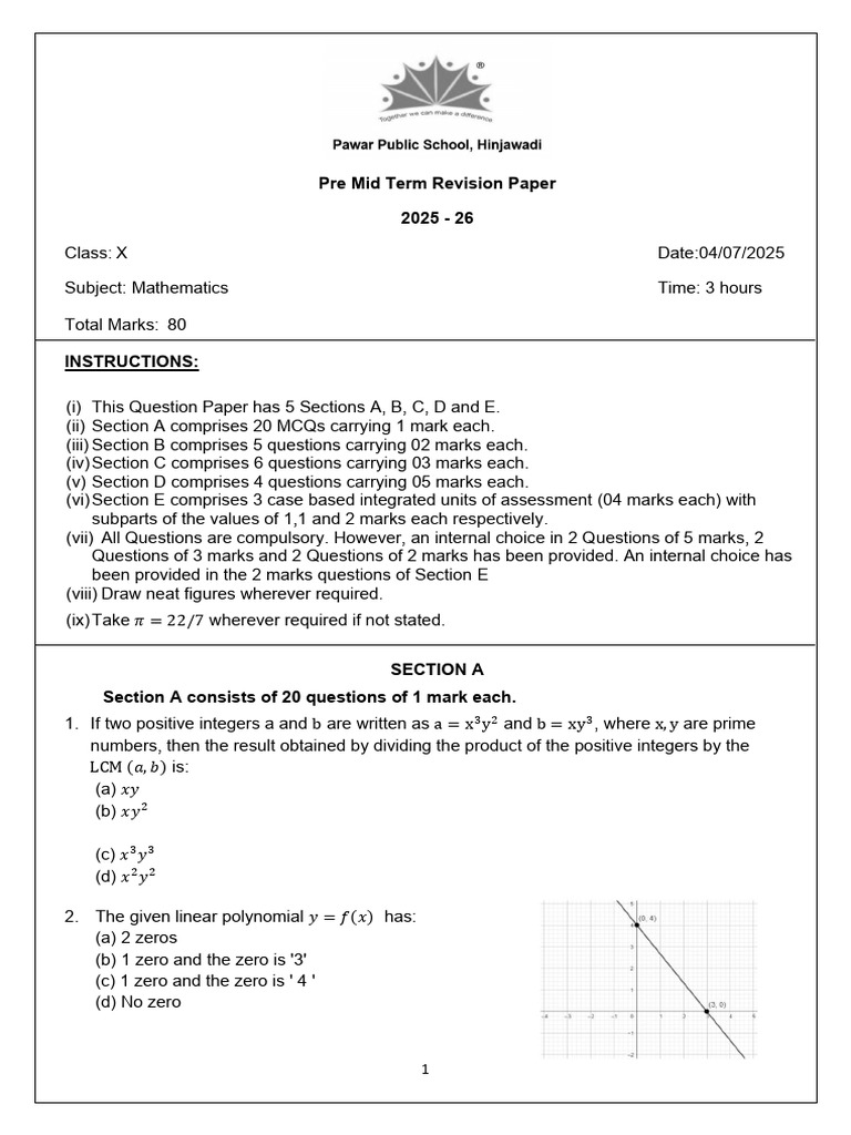 Class X Mathematics Pre Mid Term Paper | PDF | Triangle | Zero Of A ...