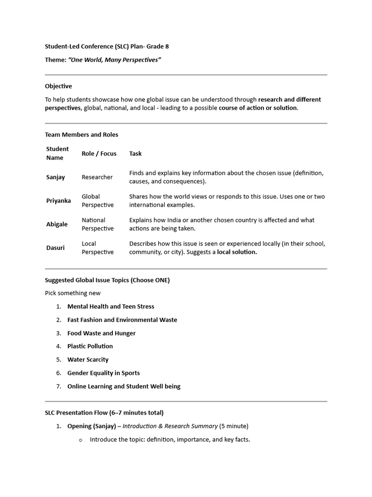 Grade 8 Student-Led Conference Plan | PDF