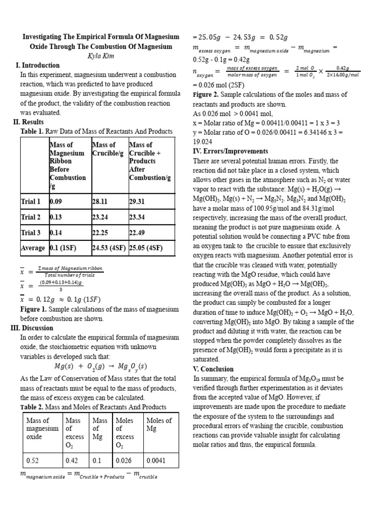 Chemistry Lab Report - Kyla Kim | PDF | Magnesium | Stoichiometry