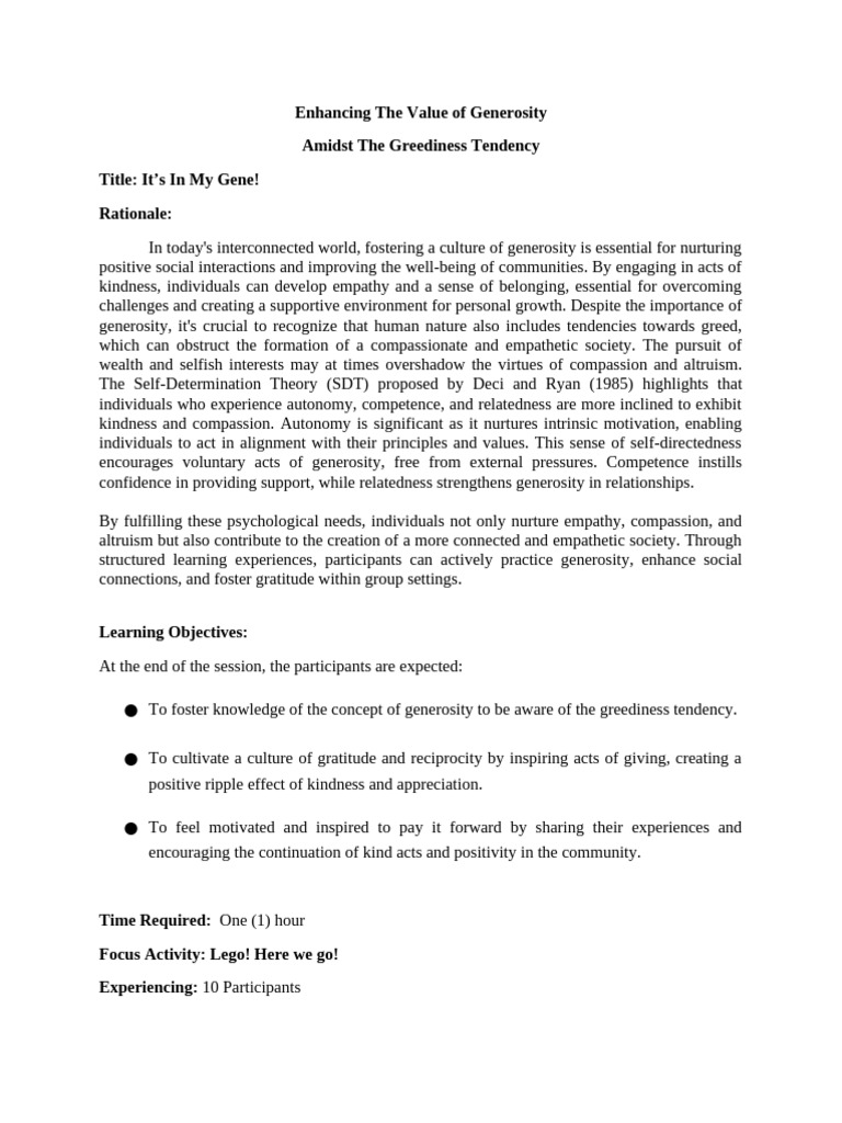 SLE Generosity Lab Design | PDF | Behavior Modification | Psychology