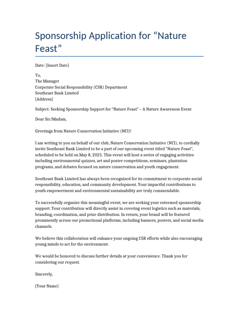 NCI Sponsorship Application Southeast Bank | PDF