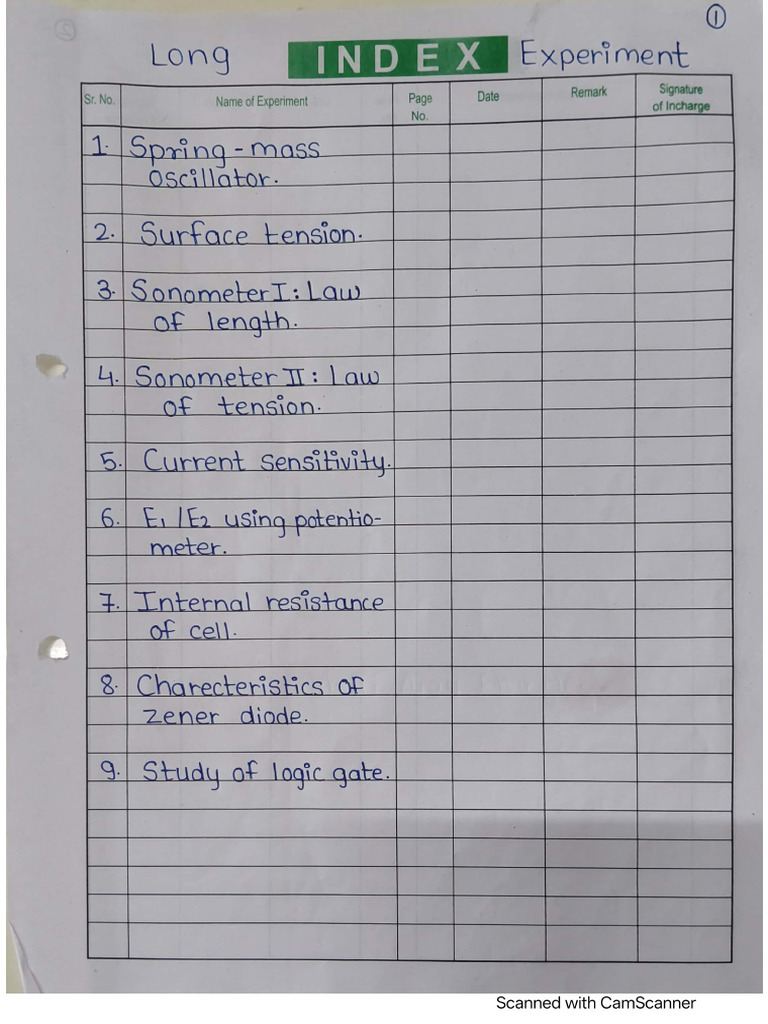 Physics Practical Index | PDF