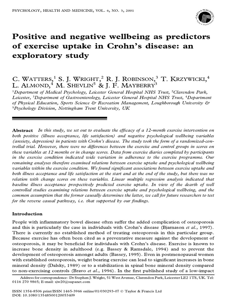 Positive and Negative Wellbeing As Predictors of Exercise Uptake in ...