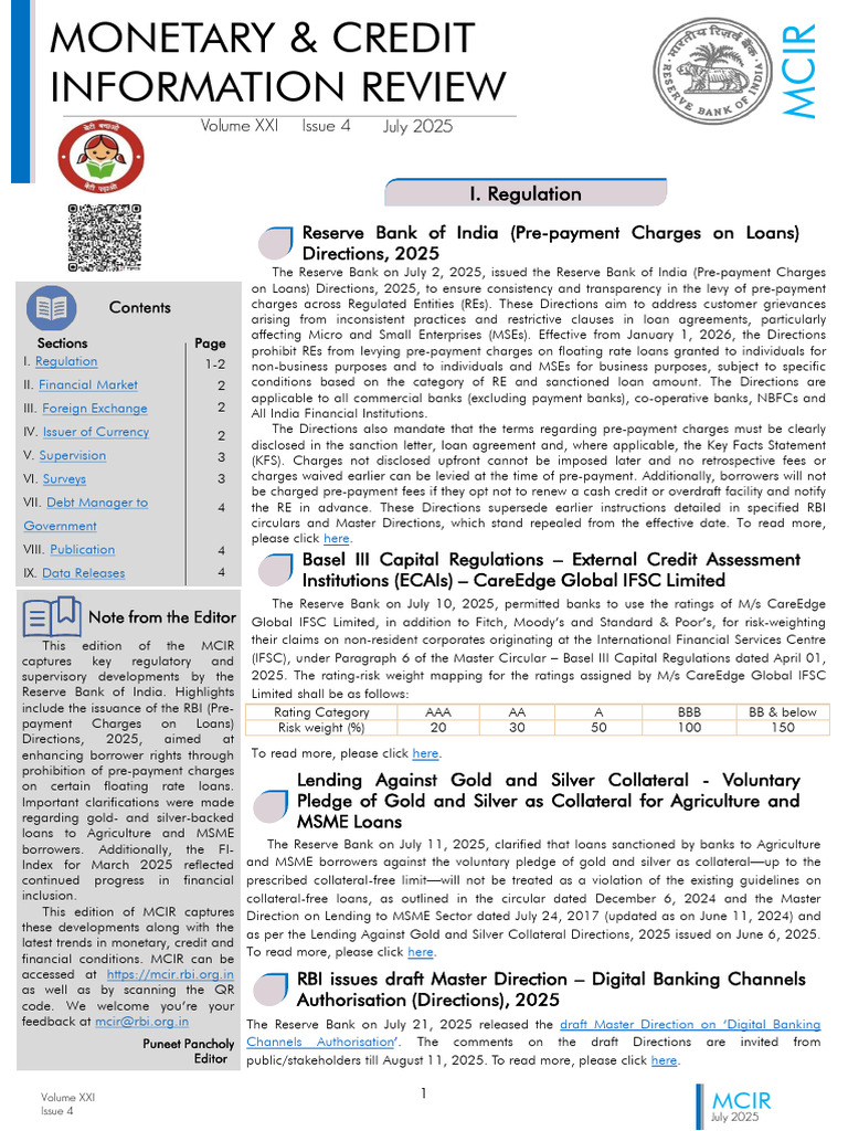July MCIR | PDF | Reserve Bank Of India | Loans