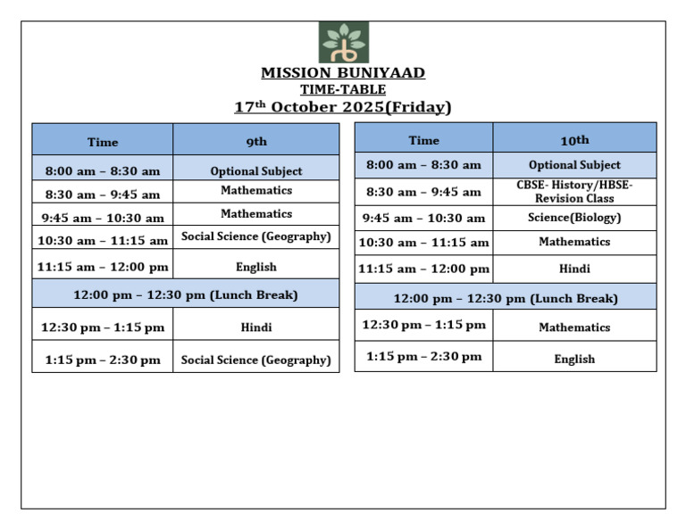 9th&10th - Time Table - 17th October 2025 | PDF