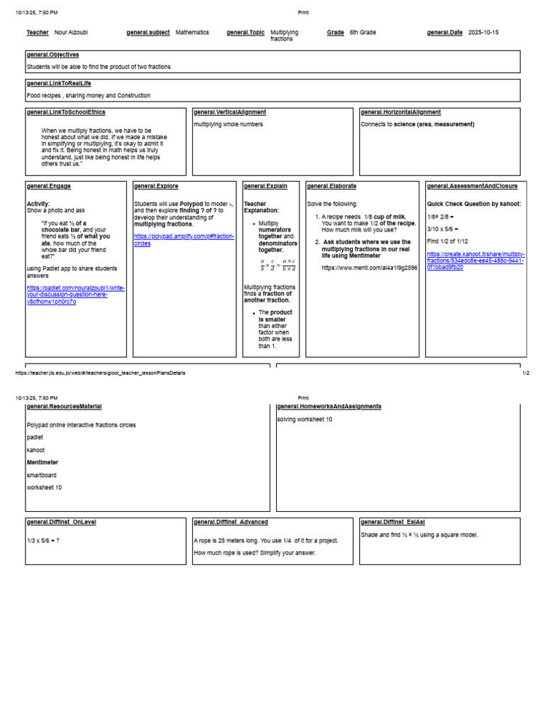 Grade6-Lessonplan-Multiplying Fractions | PDF | Mathematics