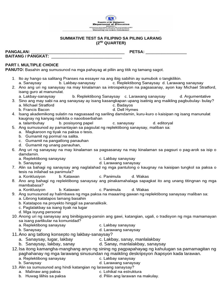 2nd Q Summative Test Sa Filipino Sa Piling Larang 1 | PDF