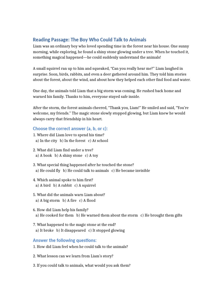 The Boy Who Could Talk To Animals Passage and Questions | PDF