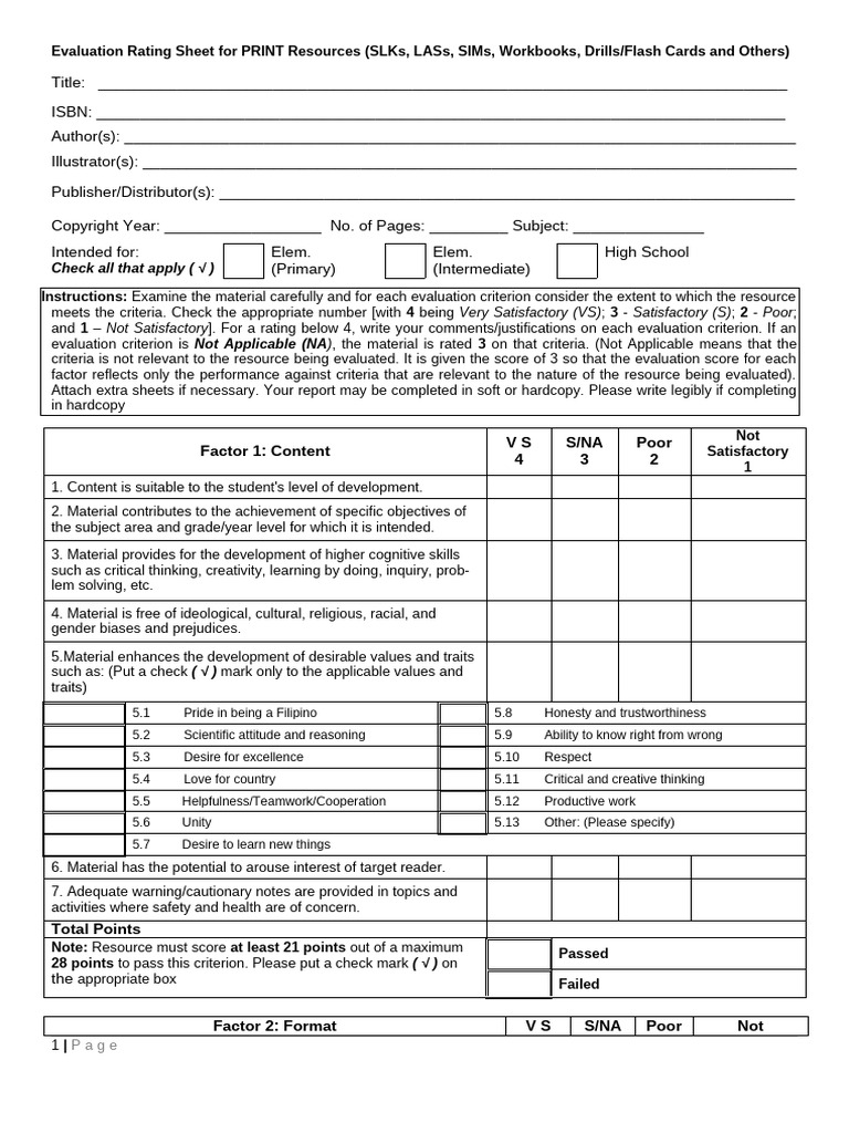 Evaluation Rating Sheet For PRINT Resources | PDF | Psychological ...