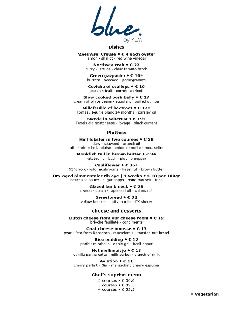 KLM Blue - Menukaart en DEF | PDF