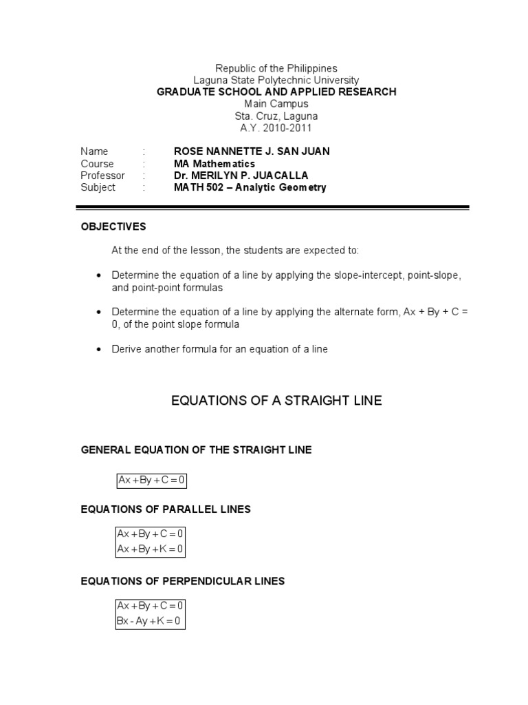 Equations of A Straight Line | PDF | Line (Geometry) | Slope