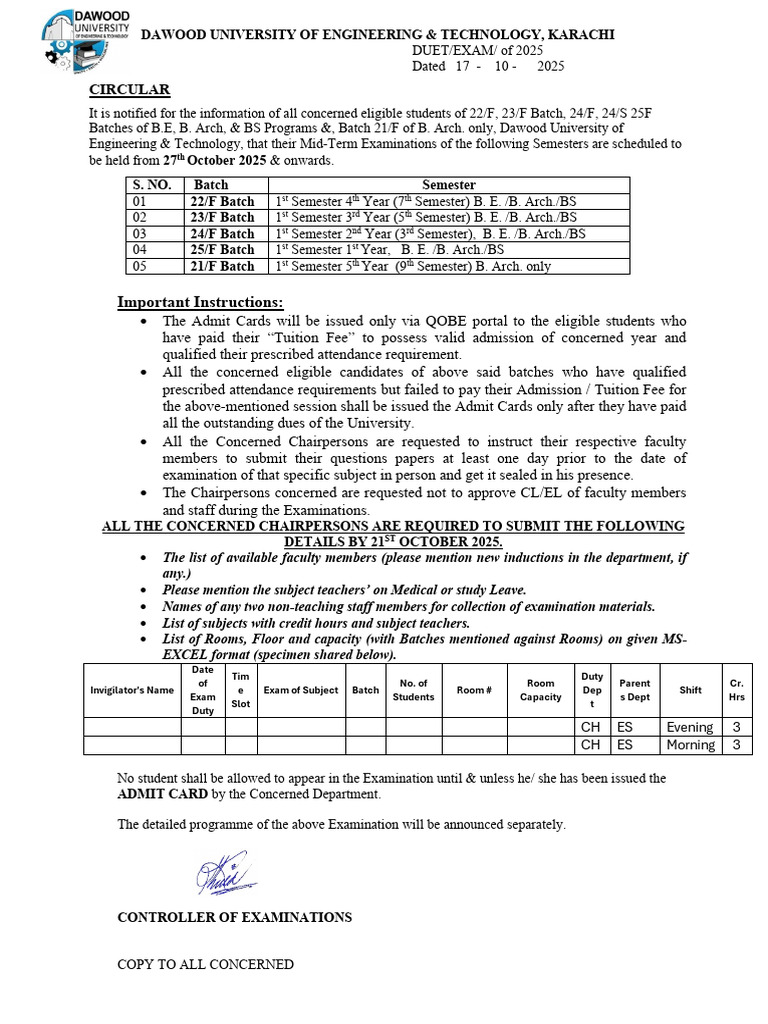 Circular - Midterm Examination Oct-25 | PDF | Academic Term | Educational Stages