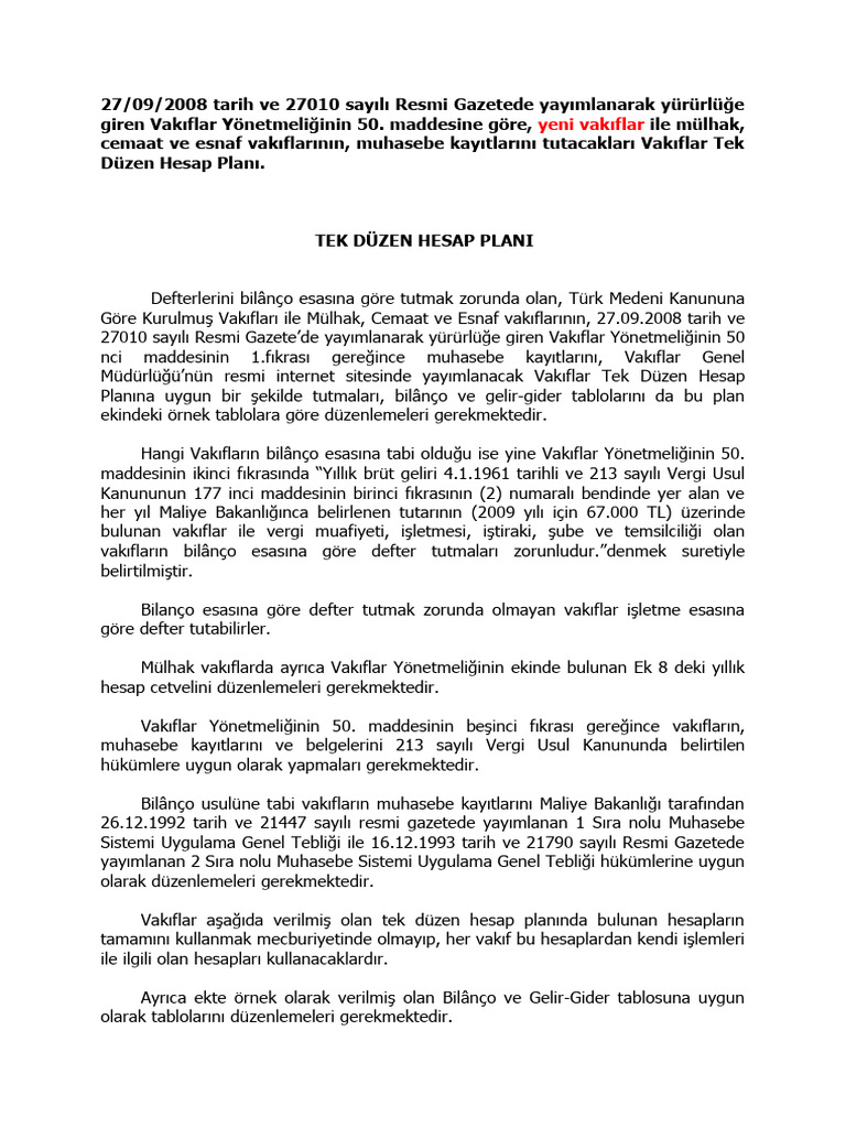 Tek Duzen Hesap Plani | PDF