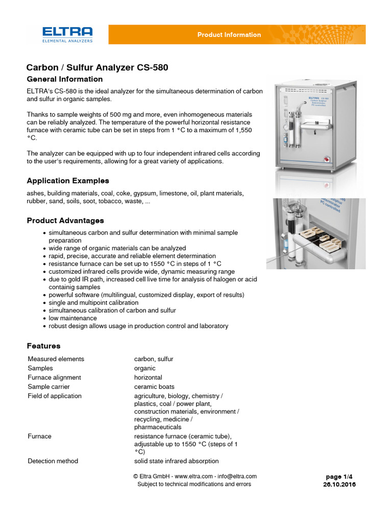 ELTRA CS-580 Carbon/Sulfur Analyzer | PDF | Carbon | Ceramics