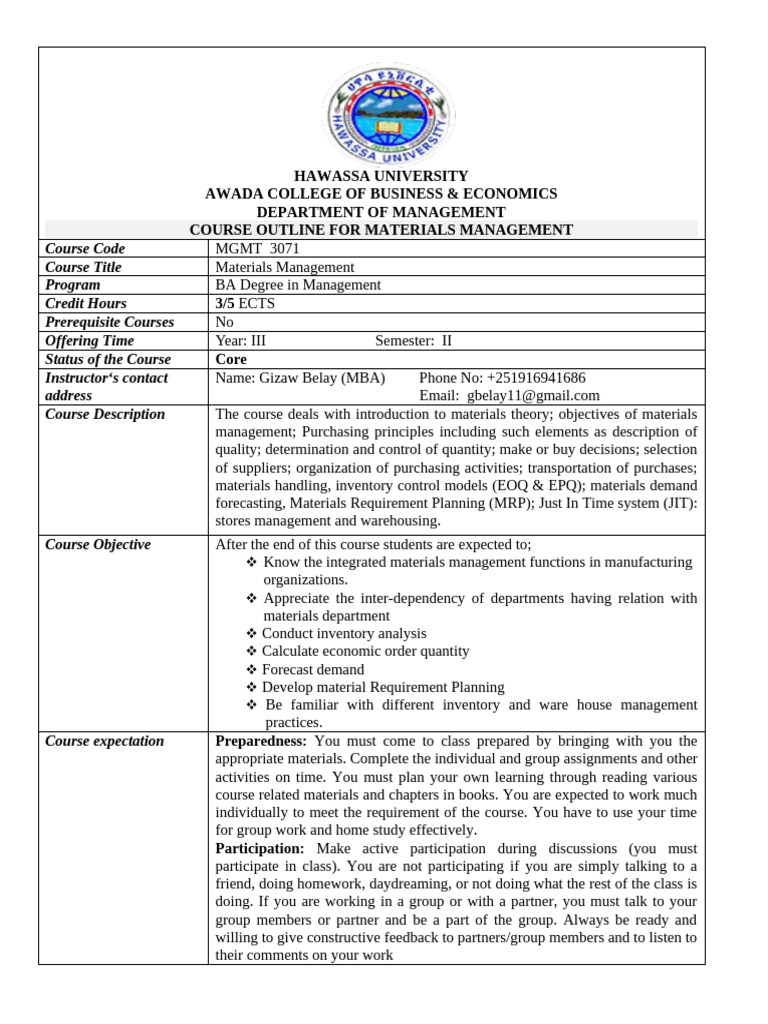 Materials Management Course Outline | PDF | Logistics | Inventory
